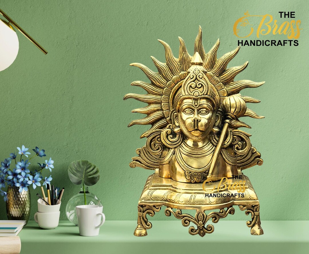 Hanuman Statue- 14" Brass Lord Hanuman Bust on Pedestal , Bajrang Bali ...