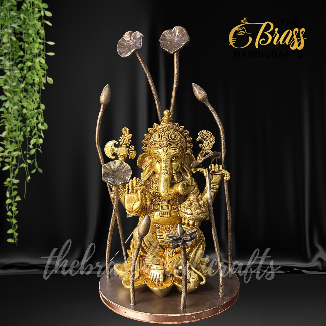 Ganesh With Decorative Brass Plants on a Revolving Wooden Pallet, Best ...