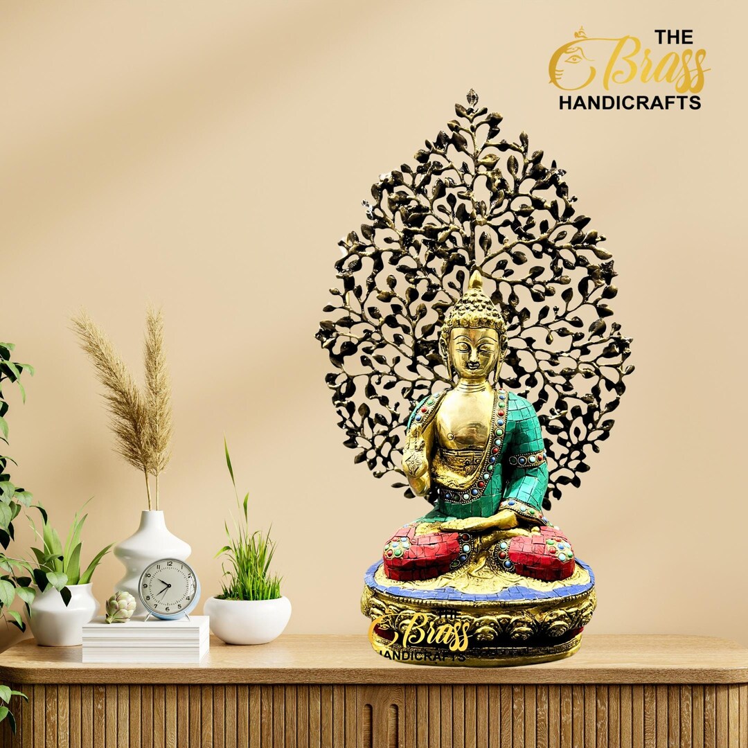 Brass Buddha With Bodhi Tree Statue With Mosaic Work for Home Decor ...