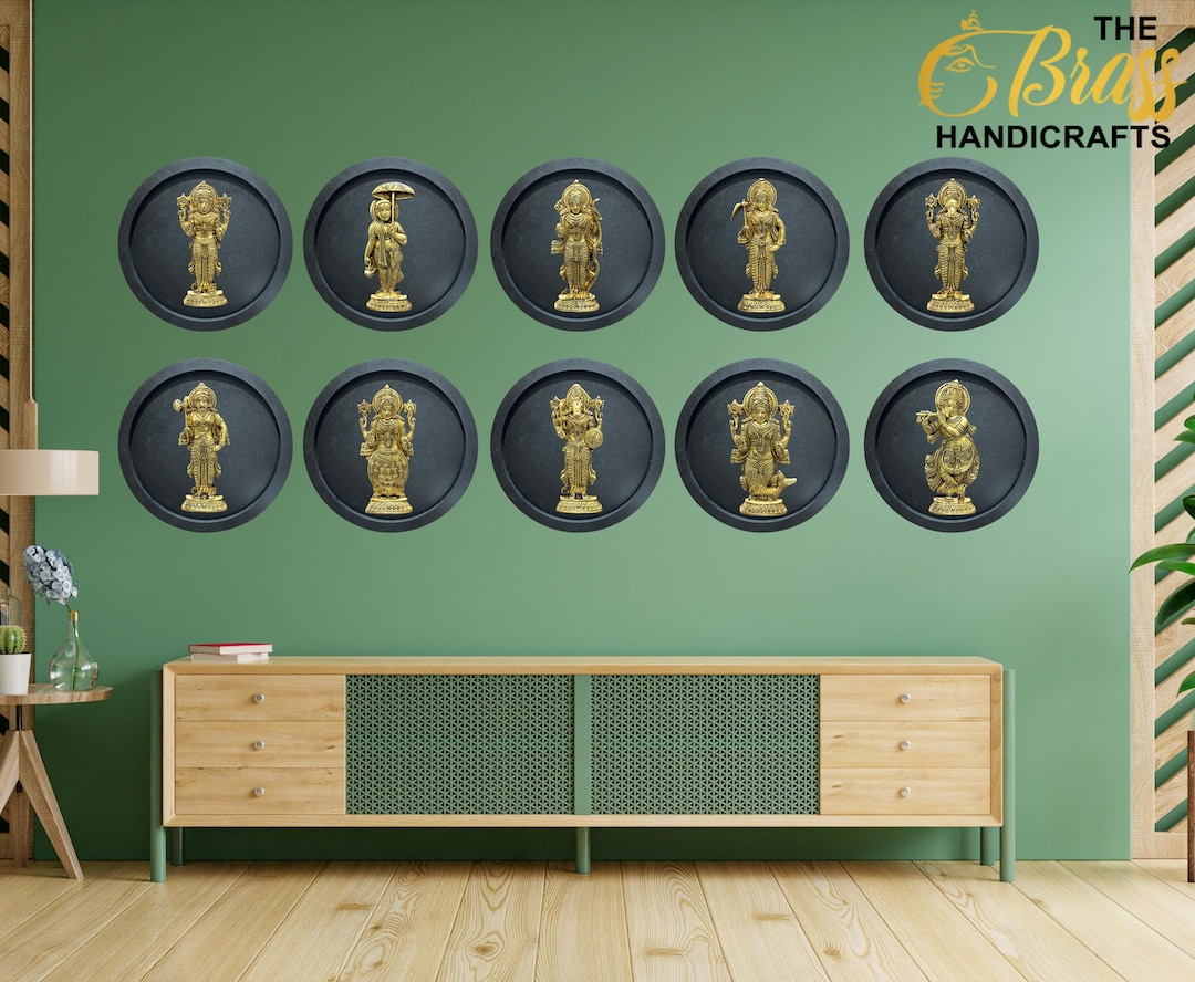 Brass Vishnu Dashavatar Statues Wall Hanging on Wooden Round Base for ...
