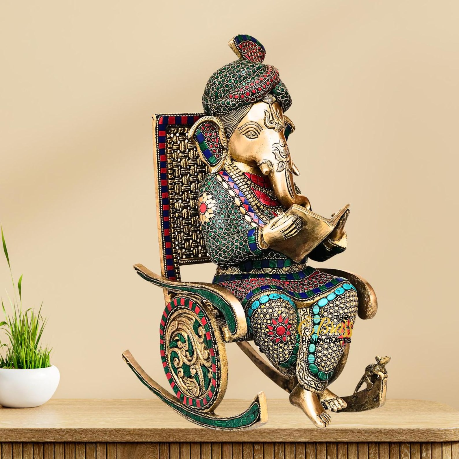 Brass Ganesh on Rocking Chair With Stonework | Ganesh Idol for Home ...