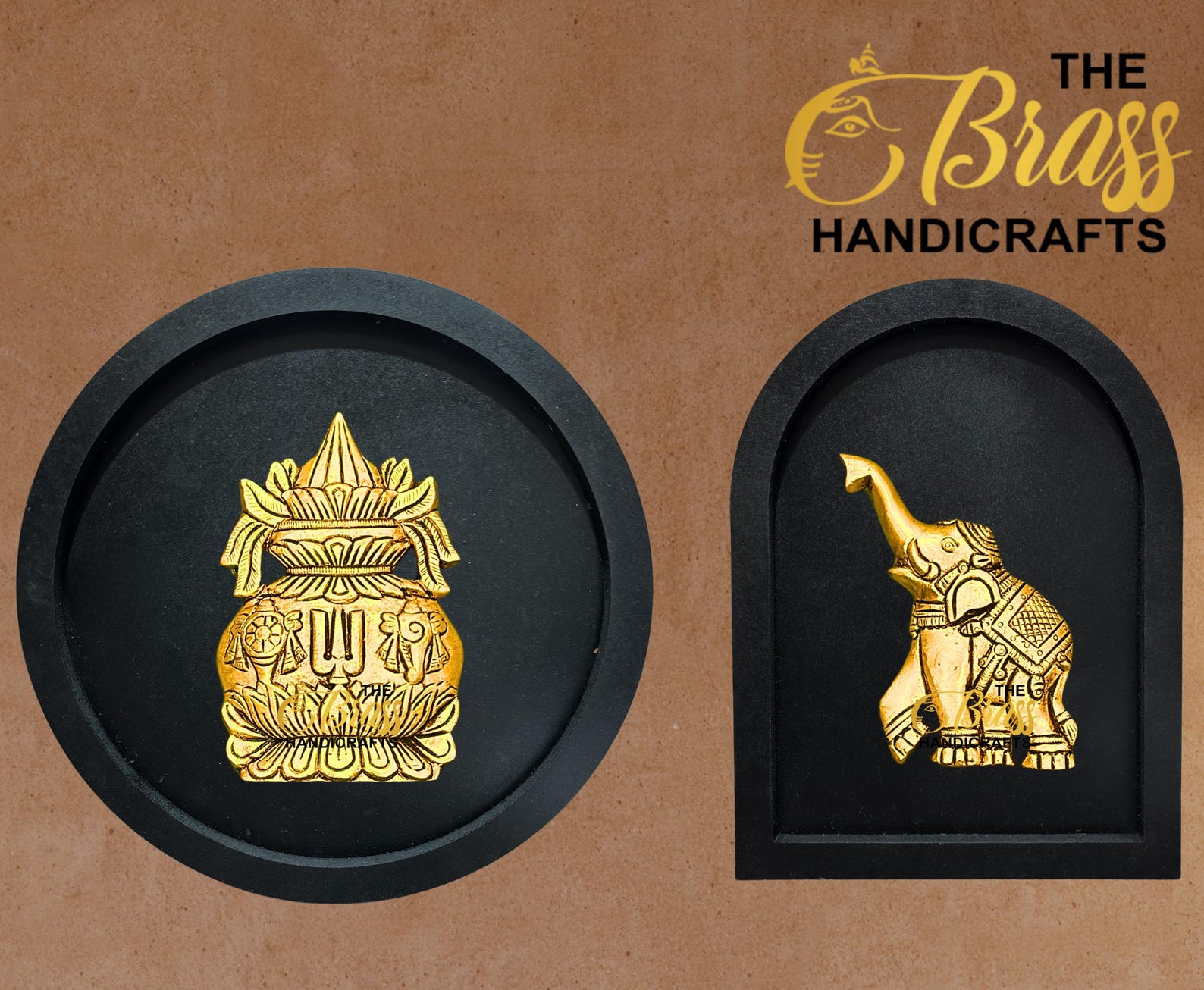 Brass Wall Art Frames Set of 9 Frames, Elephants, Lotus, Kalash, Shankh ...