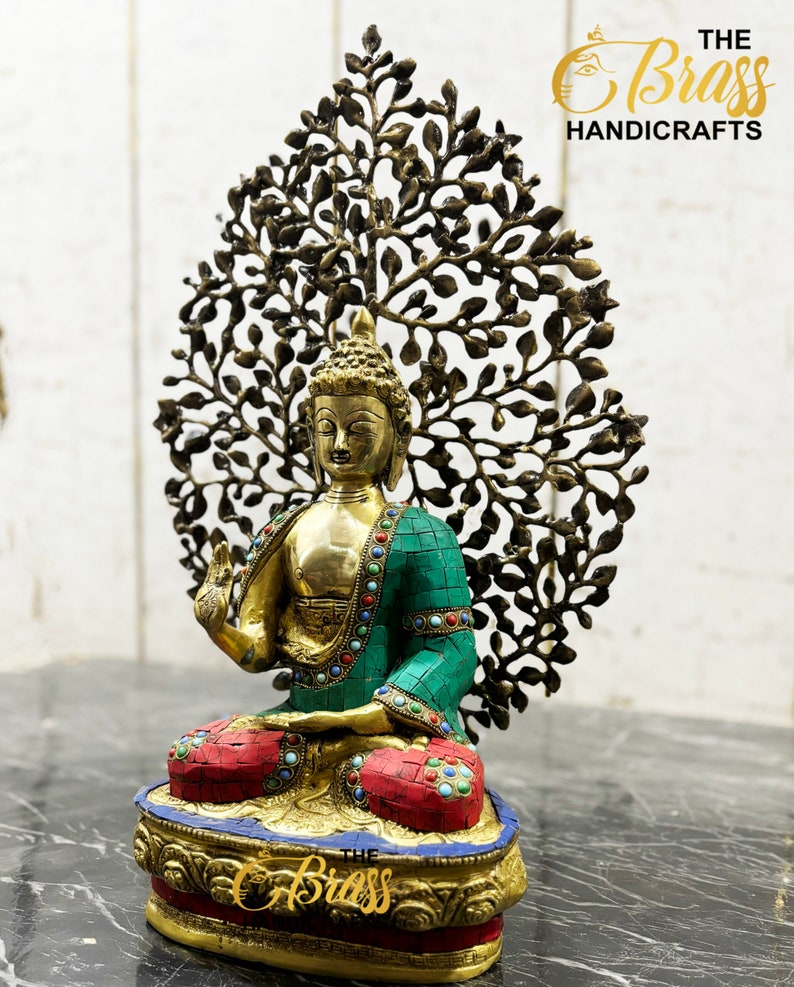 Serene Meditation: Exquisite Brass Buddha With Tree Statue With Stone ...