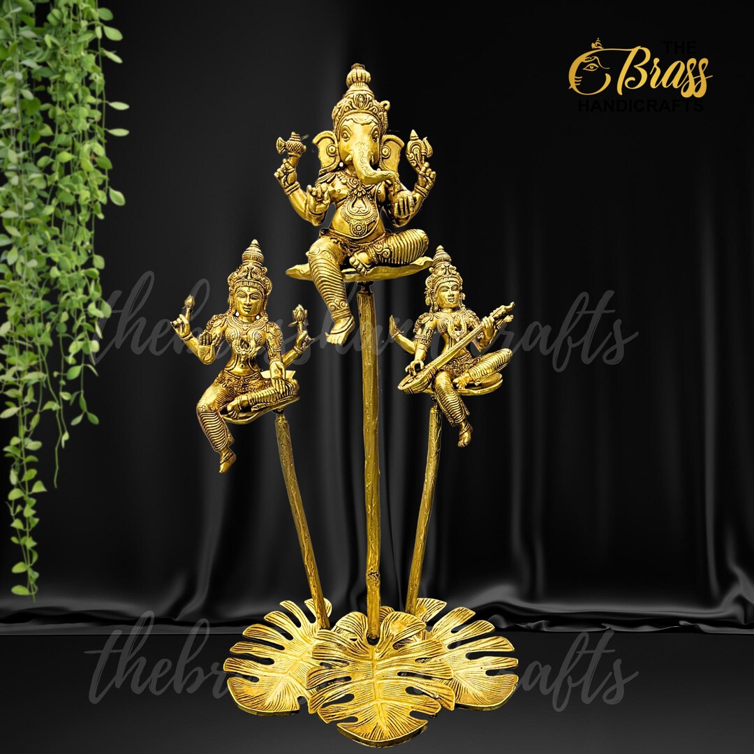 Ganesha, Lakshmi & Saraswati Statues Seated on Pure Brass Plants ...