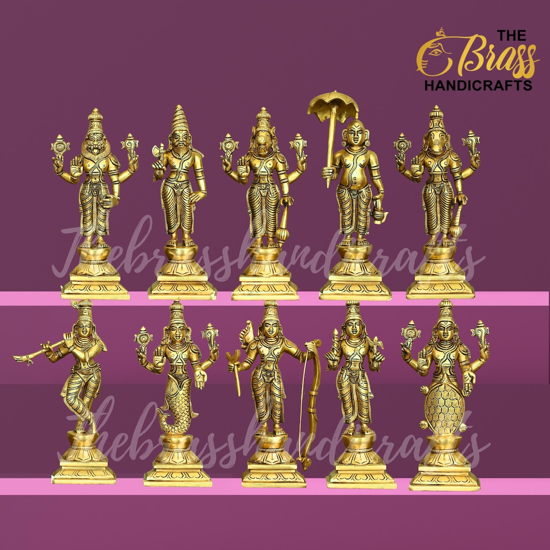 Brass Dashavatara Idol Set, 10 Incarnations of Vishnu Dashavatar ...