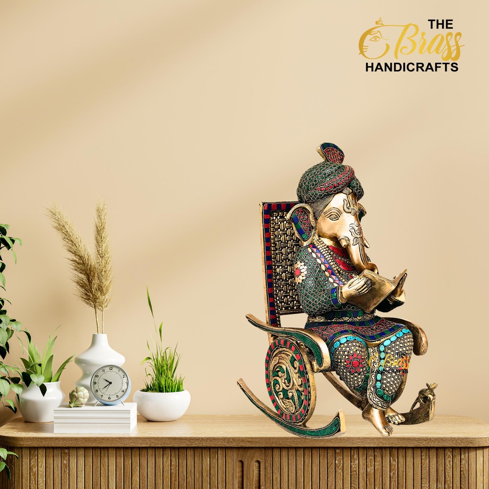 Brass Ganesh on Rocking Chair With Stonework | Ganesh Idol for Home ...