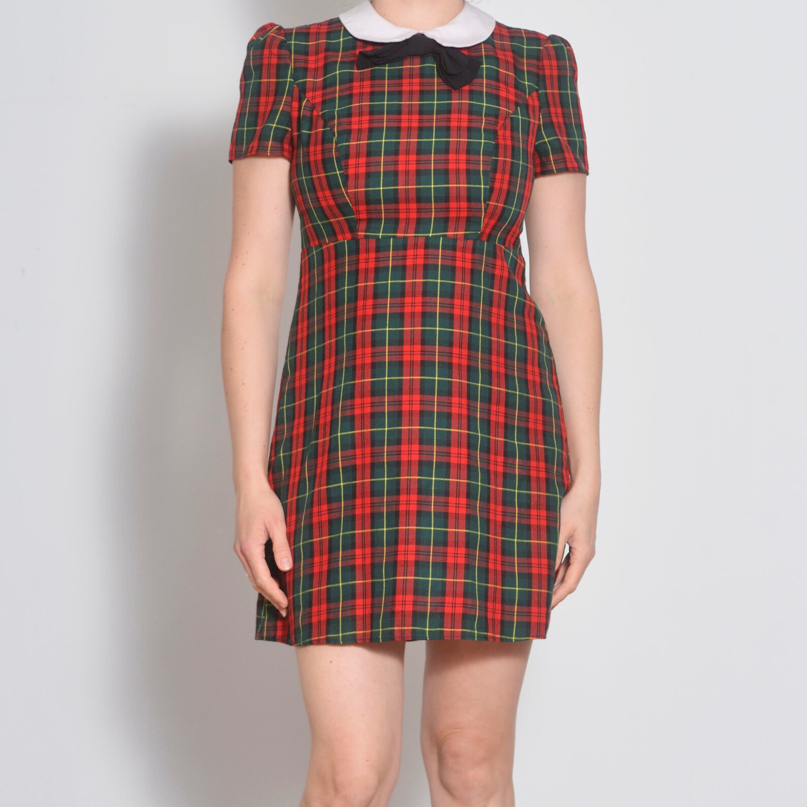 Plaid Preppy Dress Size US 6 Peter Pan Collar Handmade Tartan Minidress ...
