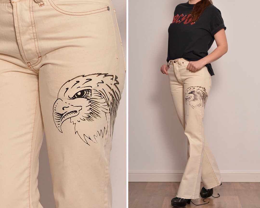 Size 10 Eagle Print Beige Rocker Hugo Boss Jeans Mid Waist Button Fly ...