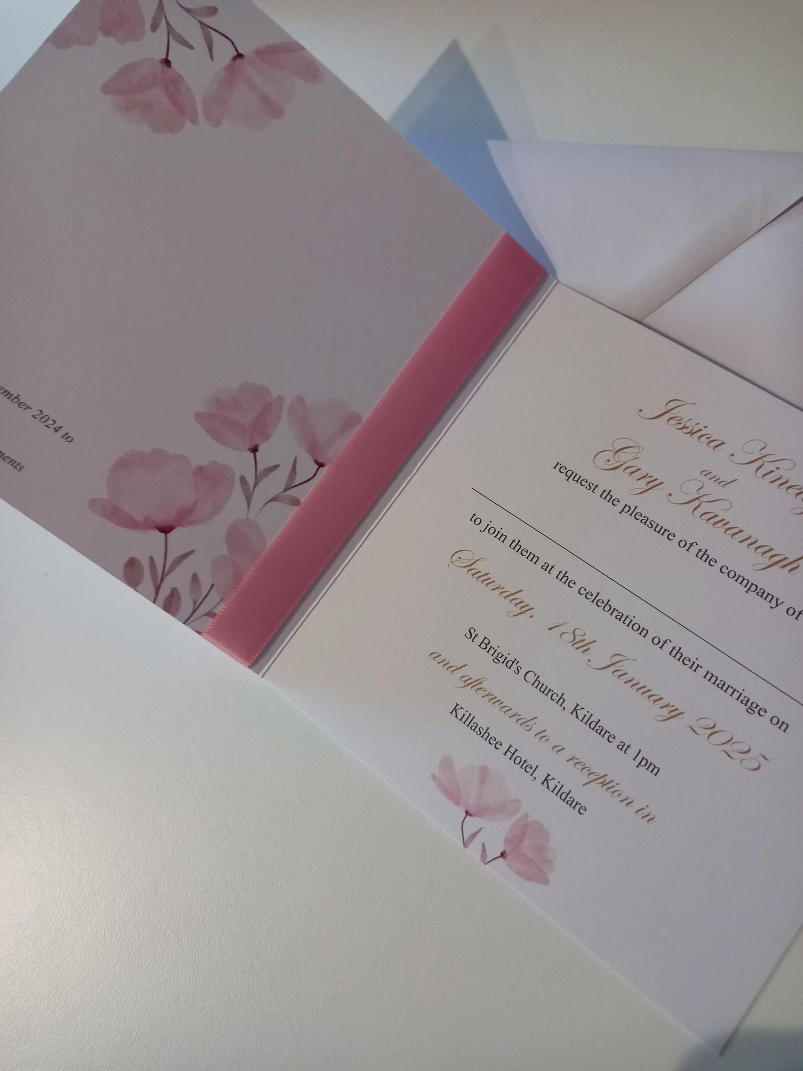 Pink Floral Wedding Invitations. Satin Ribbon. Lined Envelope. - Etsy