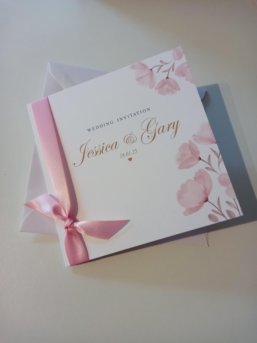 Pink Floral Wedding Invitations. Satin Ribbon. Lined Envelope. - Etsy