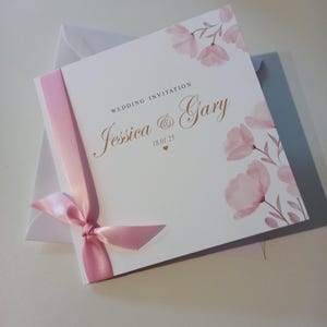 Pink Floral Wedding Invitations. Satin Ribbon. Lined Envelope. - Etsy