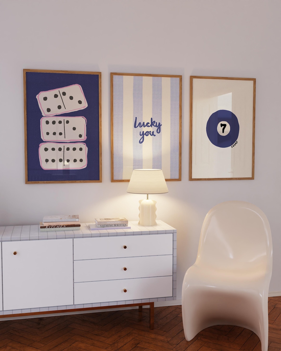 Set of 3 Navy Blue Stripe Billiard Ball Prints, Lucky You Apartment ...