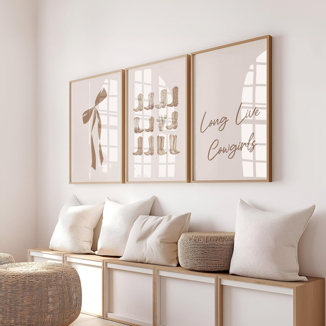 Set of 3 Beige Cowgirl Boot Coquette Bow Wall Art Print, Dorm Cowboy ...