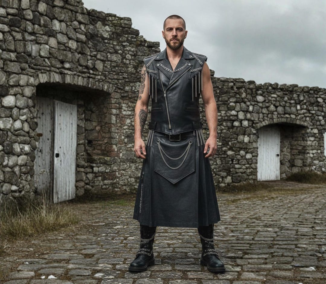 Genuine Black Leather Vest Kilt Boots – Gothic Viking Warrior Outfit ...