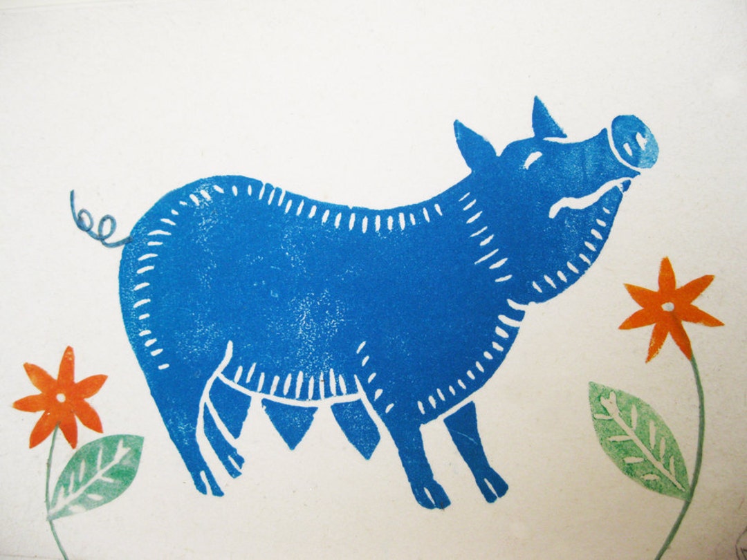 Blue Pig, Original Linocut and Applique Card - Etsy