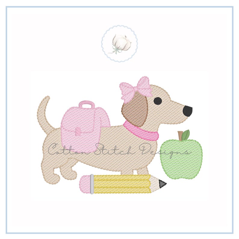 School Dachshund With Bow Sketch Stitch Machine Embroidery Design ...