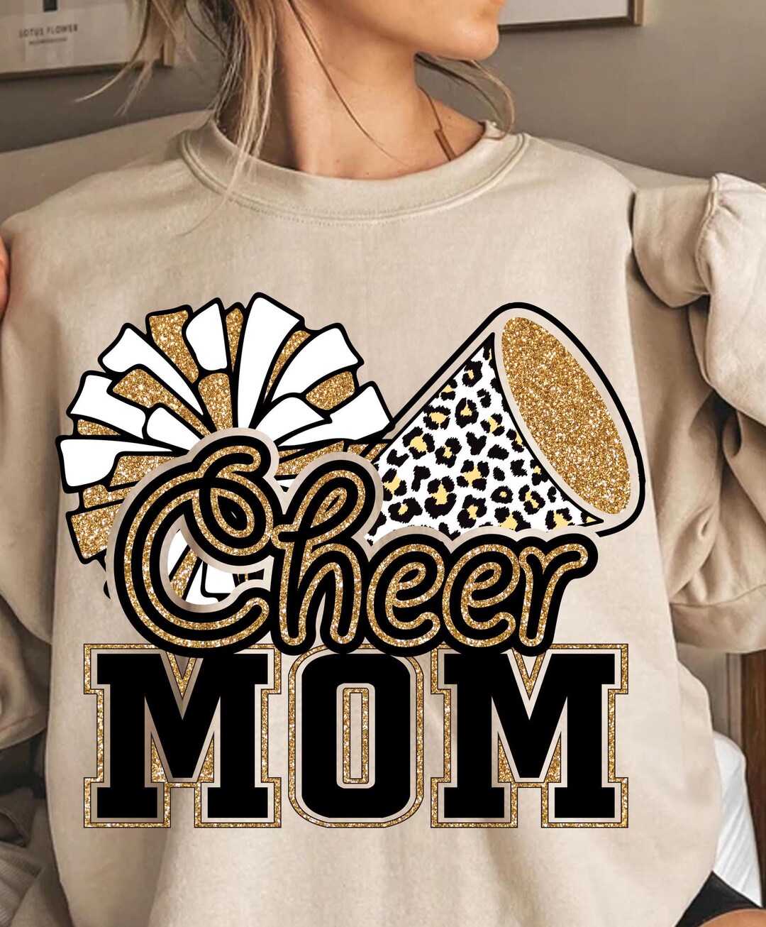 Cheer Mom Png,glitter Gold Leopard Cheer Poms & Megaphone Design ...