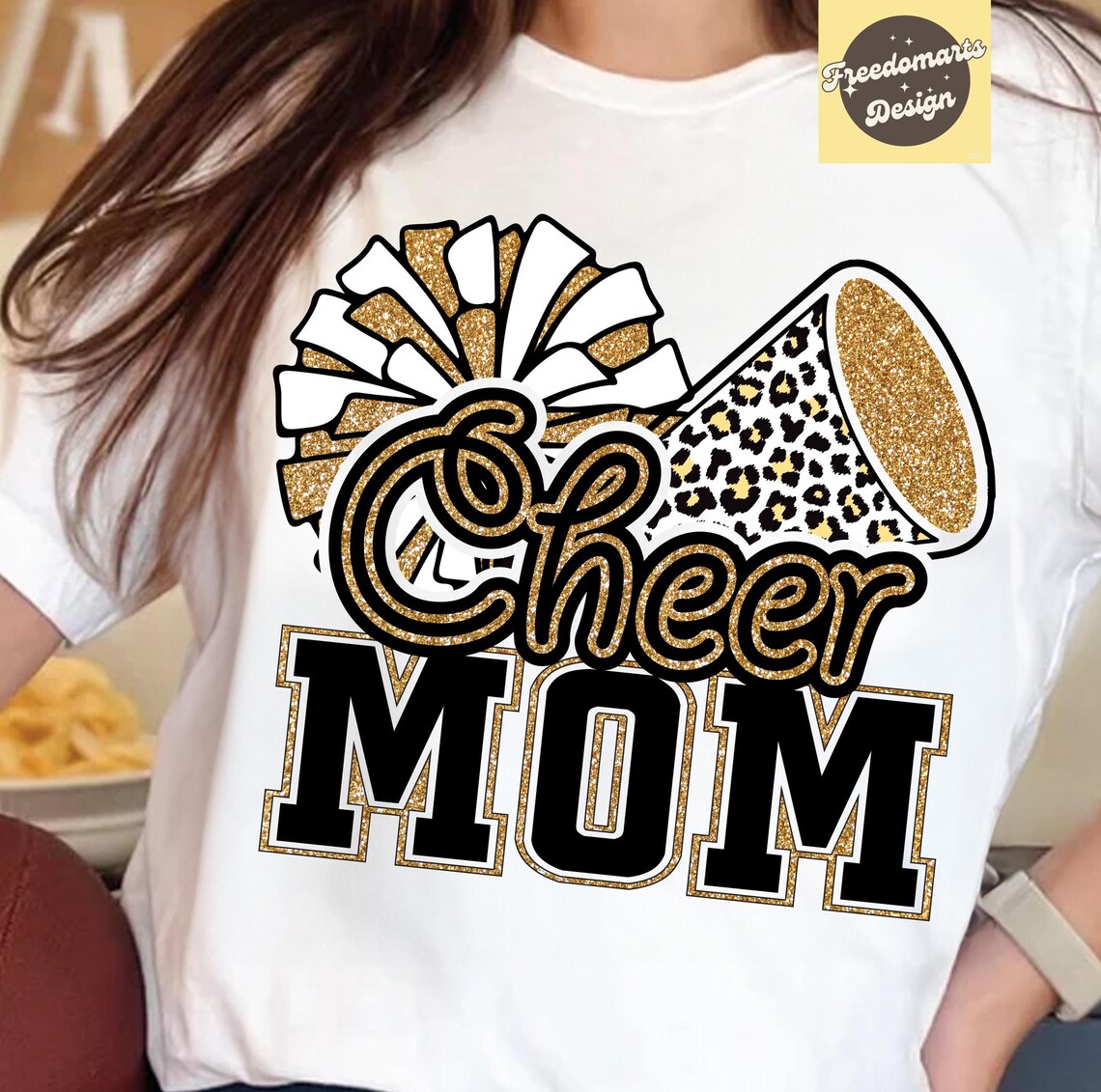 Cheer Mom Png,glitter Gold Leopard Cheer Poms & Megaphone Design ...