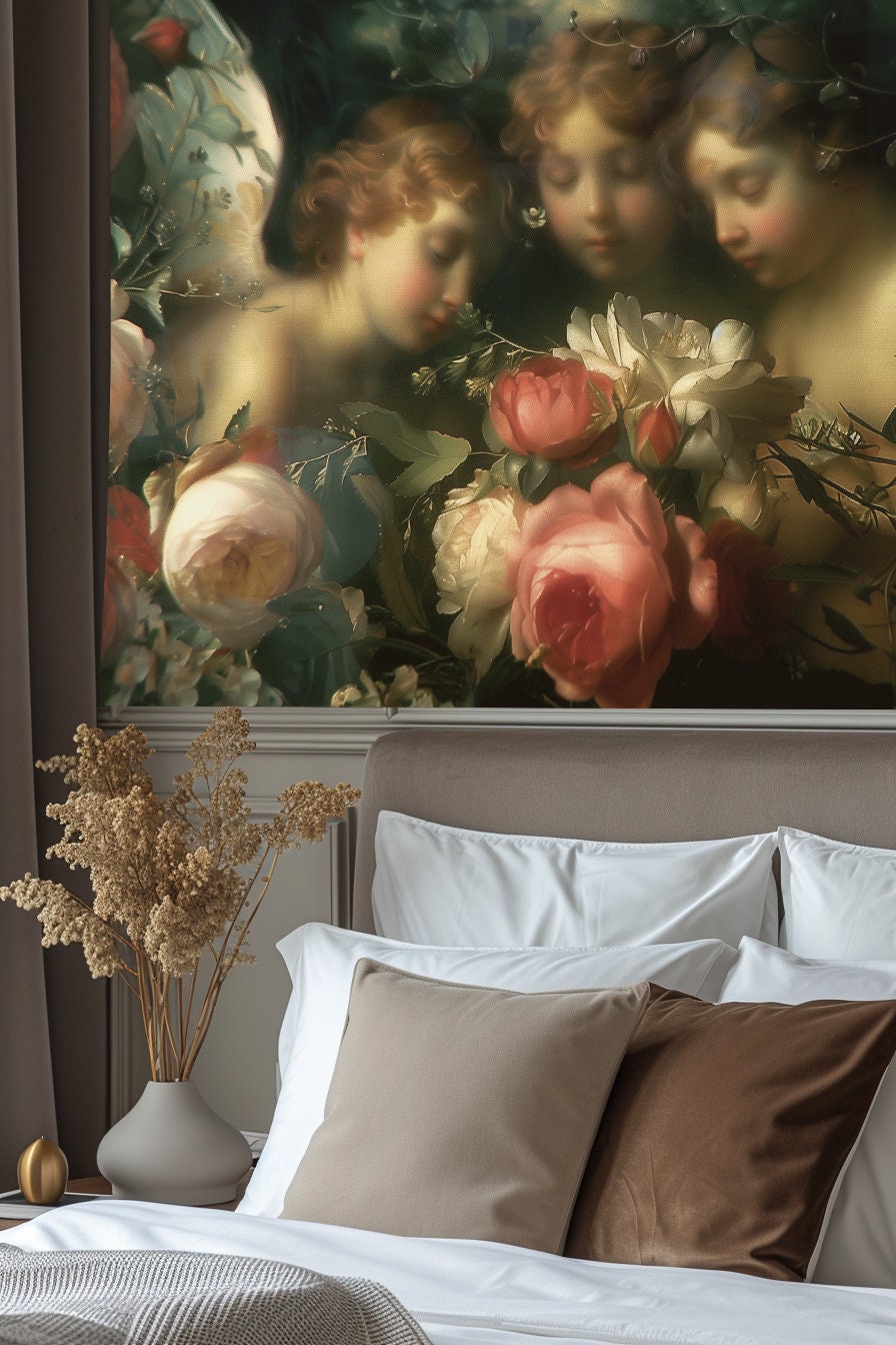 Classic Renaissance Angel and Rose Wallpaper Antique Floral Design With ...