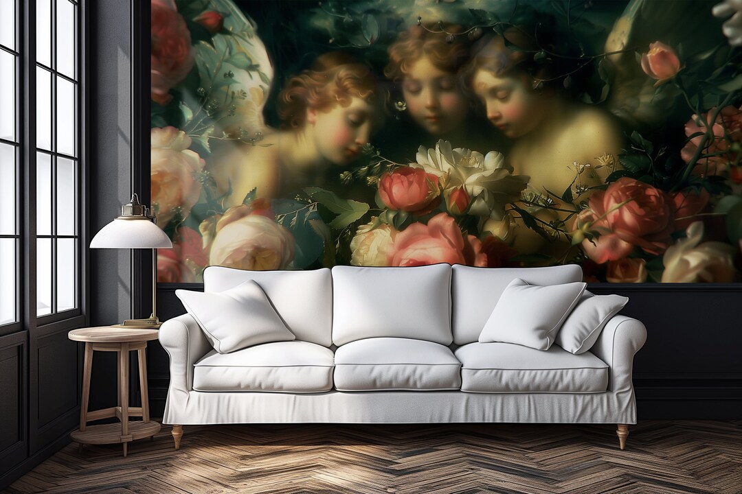 Classic Renaissance Angel and Rose Wallpaper Antique Floral Design With ...