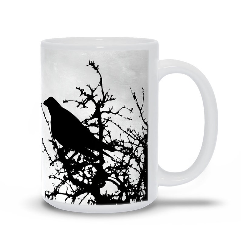 Coffee Mug Cup Art Design 43 Bird Crow Raven Tree Grey Black - Etsy