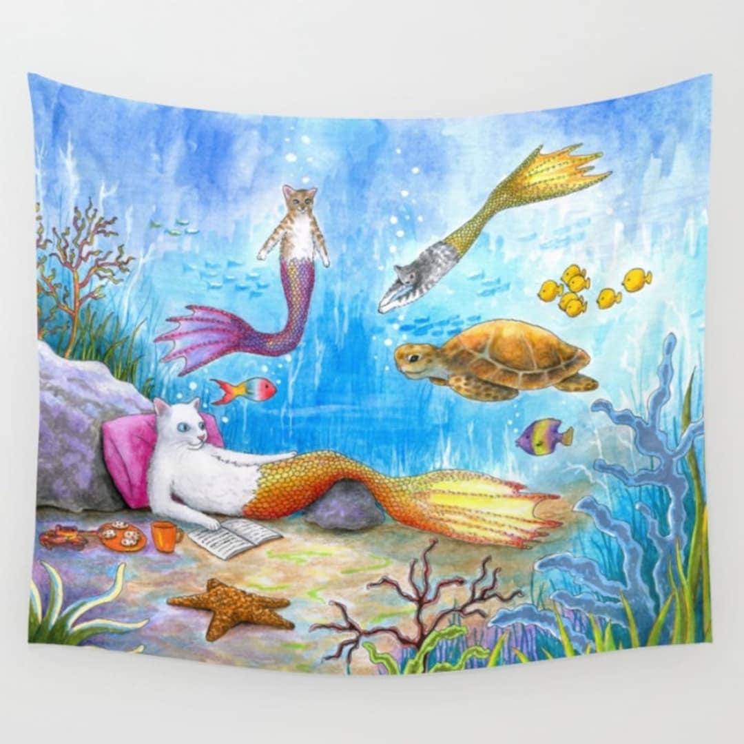 Wall Tapestry, Wall Hanging, Cat Mermaid 31 Sea Turtle Ocean Fantasy ...