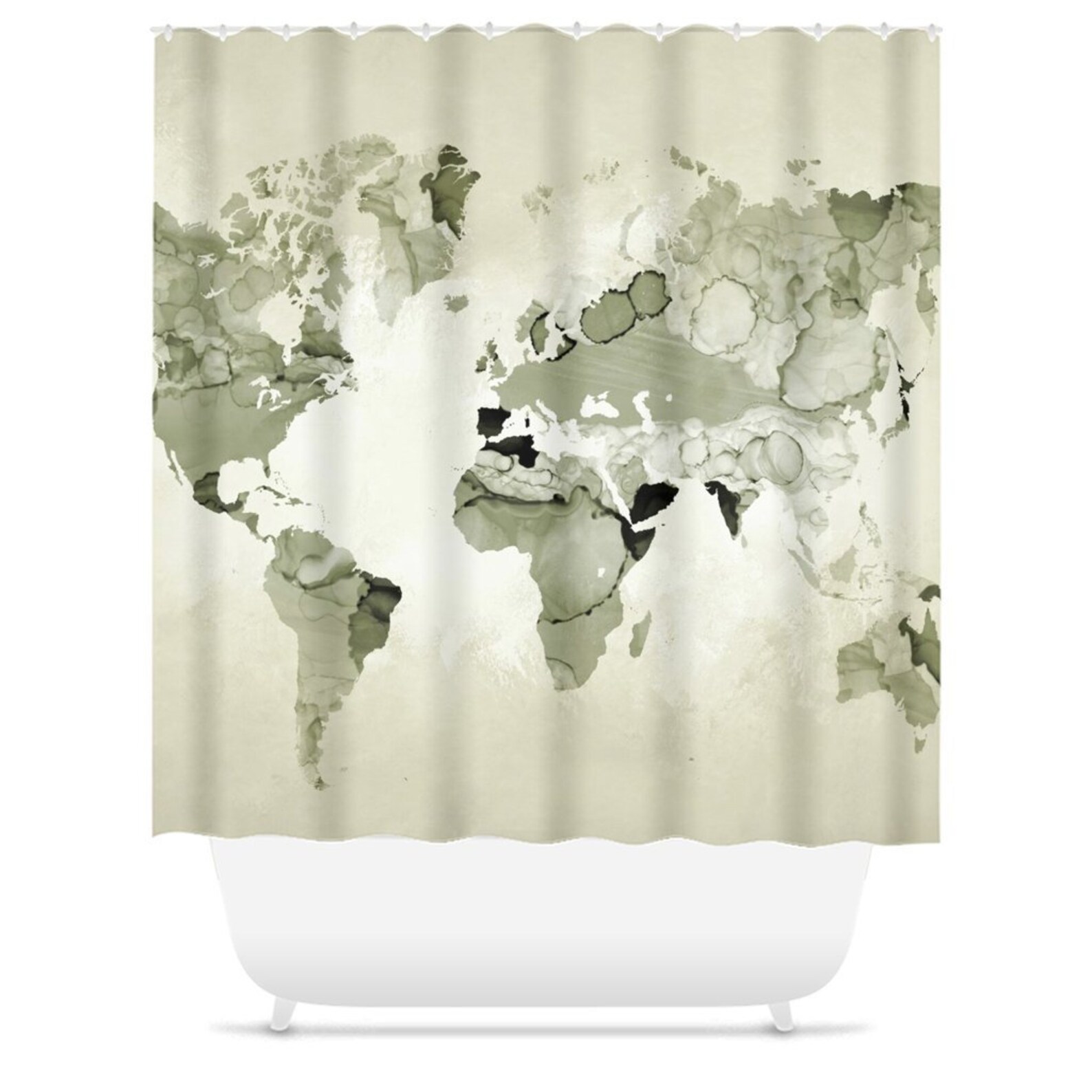 World Map Shower Curtain, Light Olive Green, Bath Mat, Design 123 Sage ...