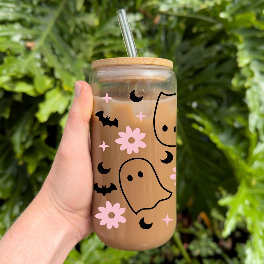 Cute Ghost Glass Cup 16oz With Lid and Straw, Cute Spooky Glass Tumbler ...