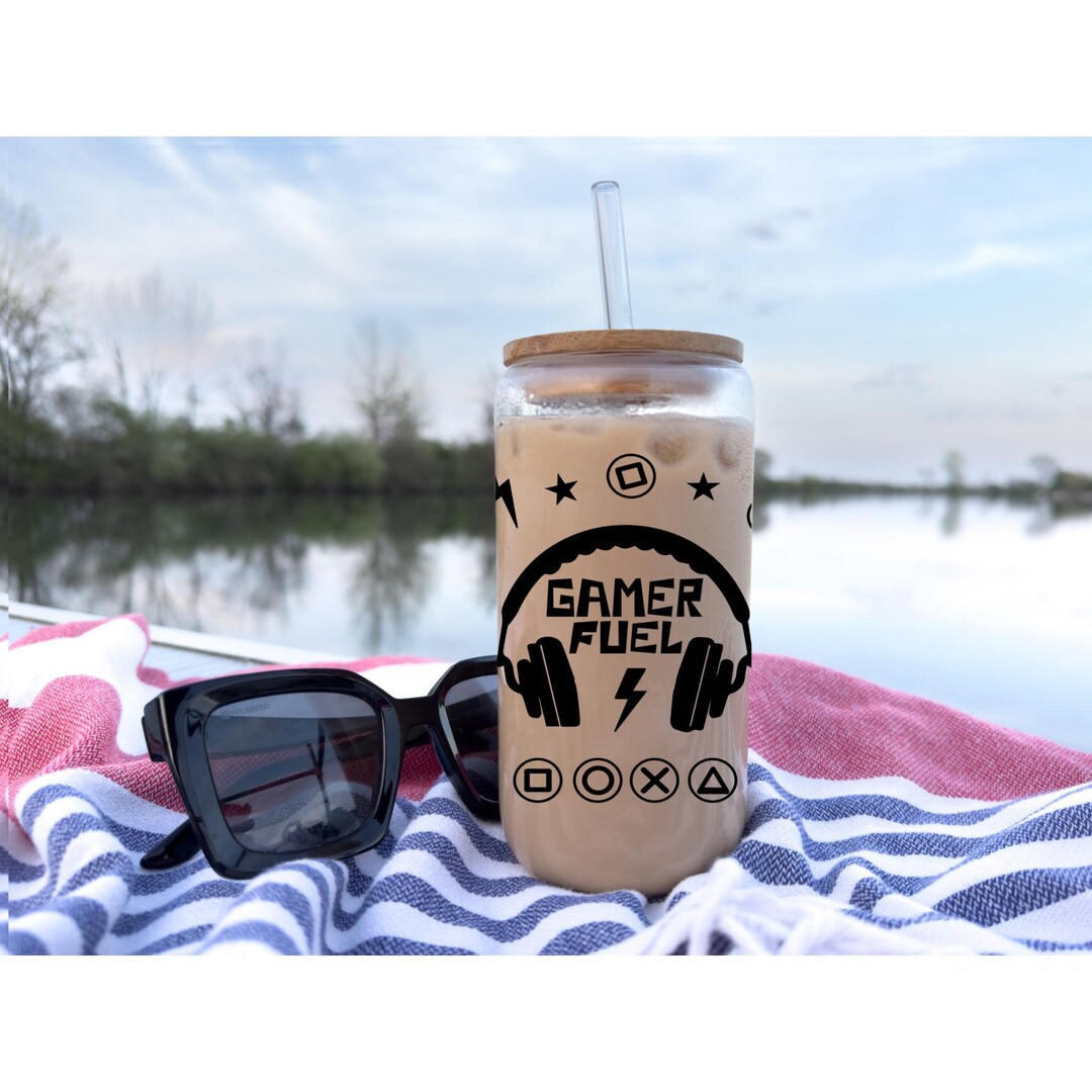 Gamer Glass Tumbler With Bamboo Lid and Straw 16oz, Gamer Fuel Glass ...