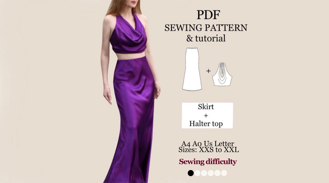 Easy PDF Sewing Pattern: Draped Halter Top With Open Back and Long ...