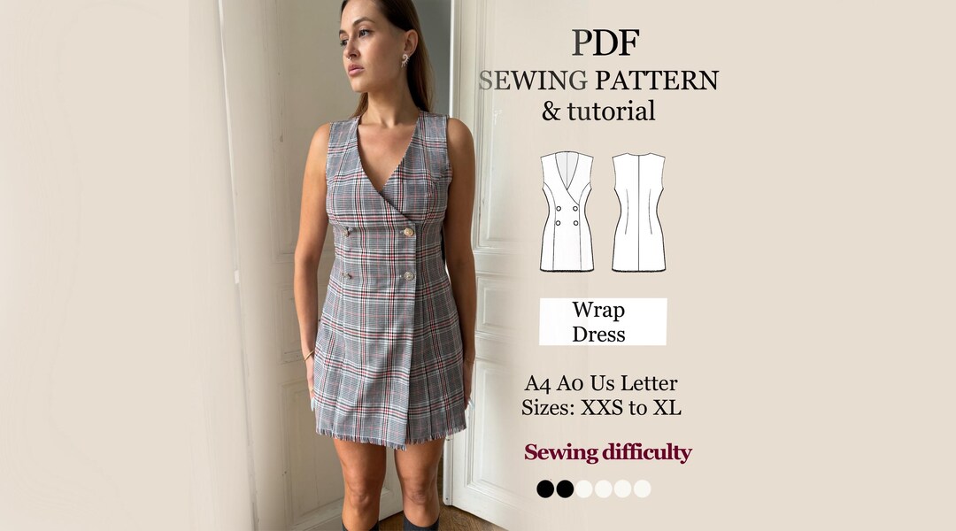 Wrap Dress PDF Sewing Pattern, Mini Dress Women Pattern, XXS to Xl ...