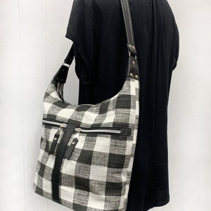 Leather Buffalo Plaid Bucket Hobo Bag, Genuine Leather Strap Bag, Black ...