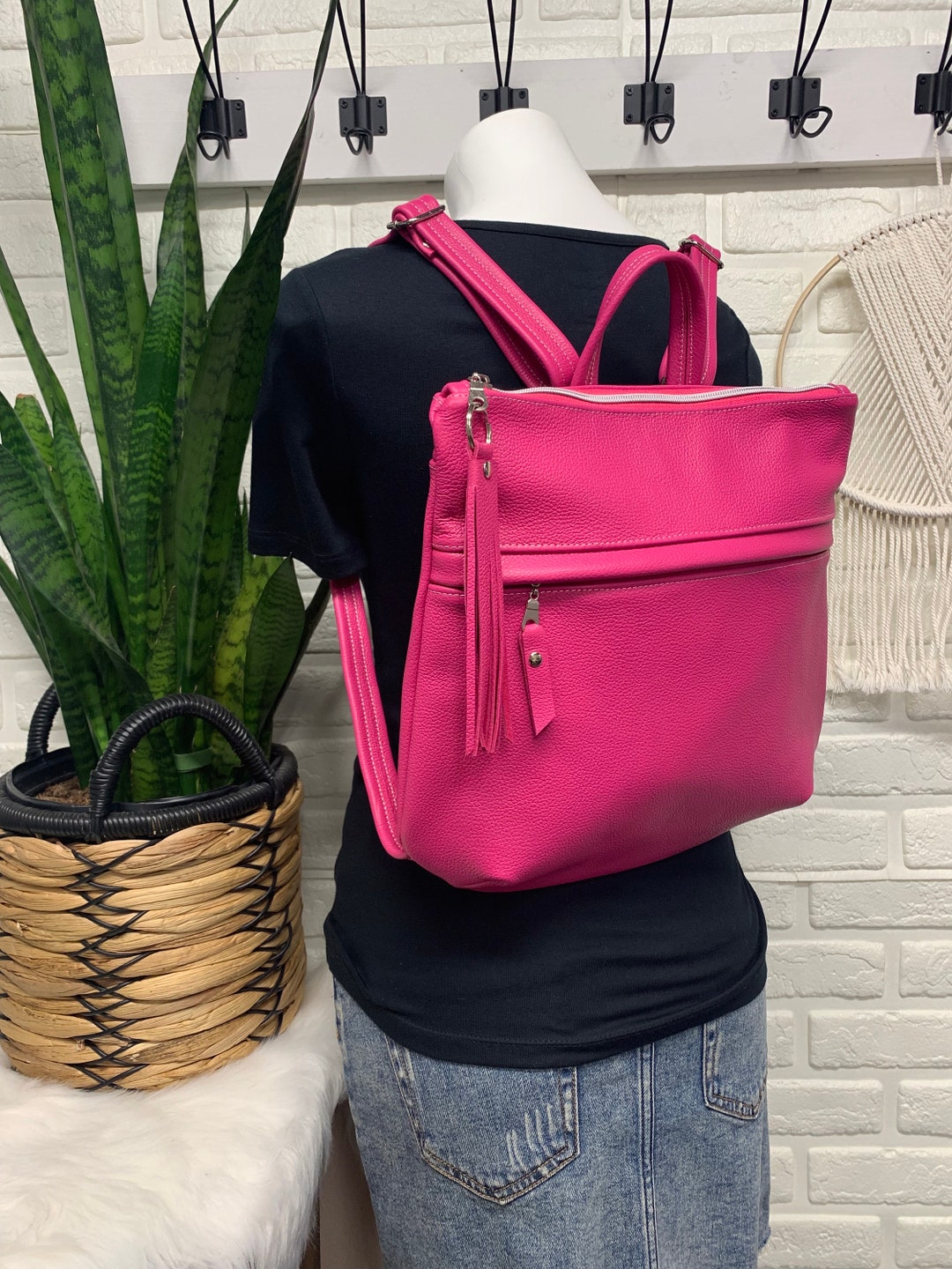 Pink Leather Backpack, Hot Pink Genuine Leather, Mini Backpack, Pearl ...