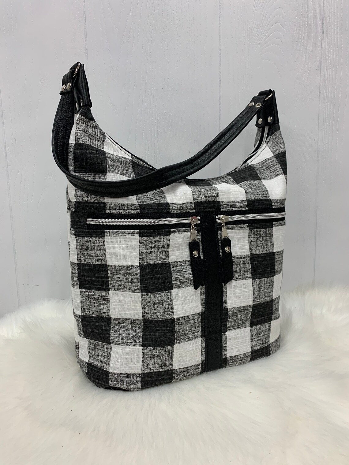 Leather Buffalo Plaid Bucket Hobo Bag Genuine Leather Strap | Etsy