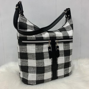 Leather Buffalo Plaid Bucket Hobo Bag, Genuine Leather Strap Bag, Black ...