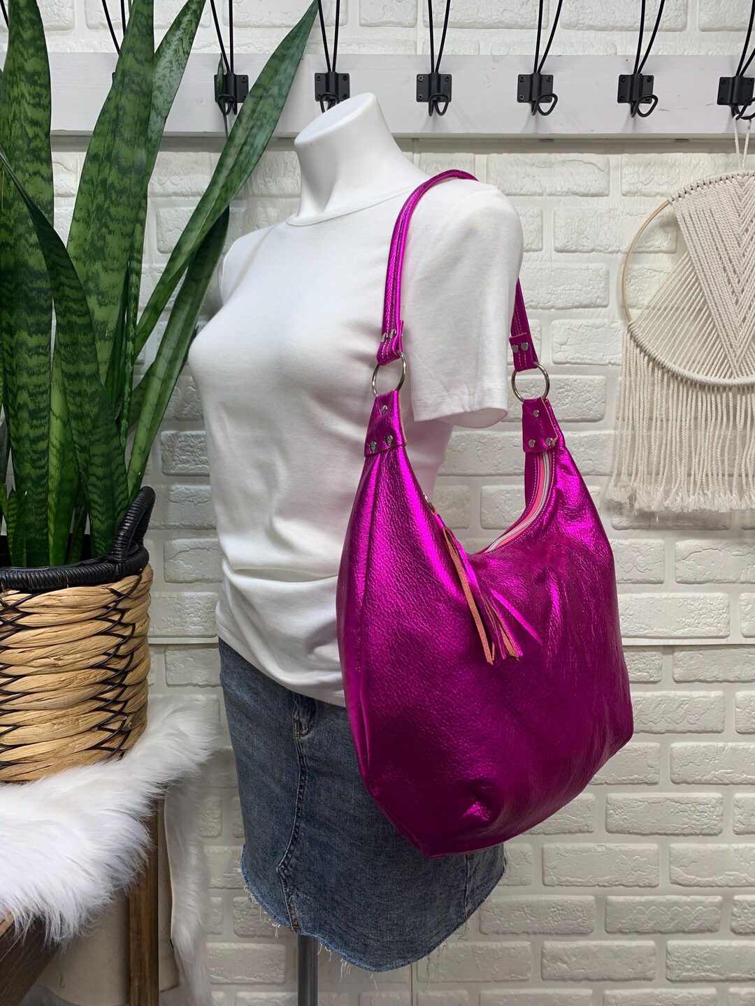 Metallic Pink Leather Hobo Bag, Hot Pink Large Hobo Bag, Leather Purse ...