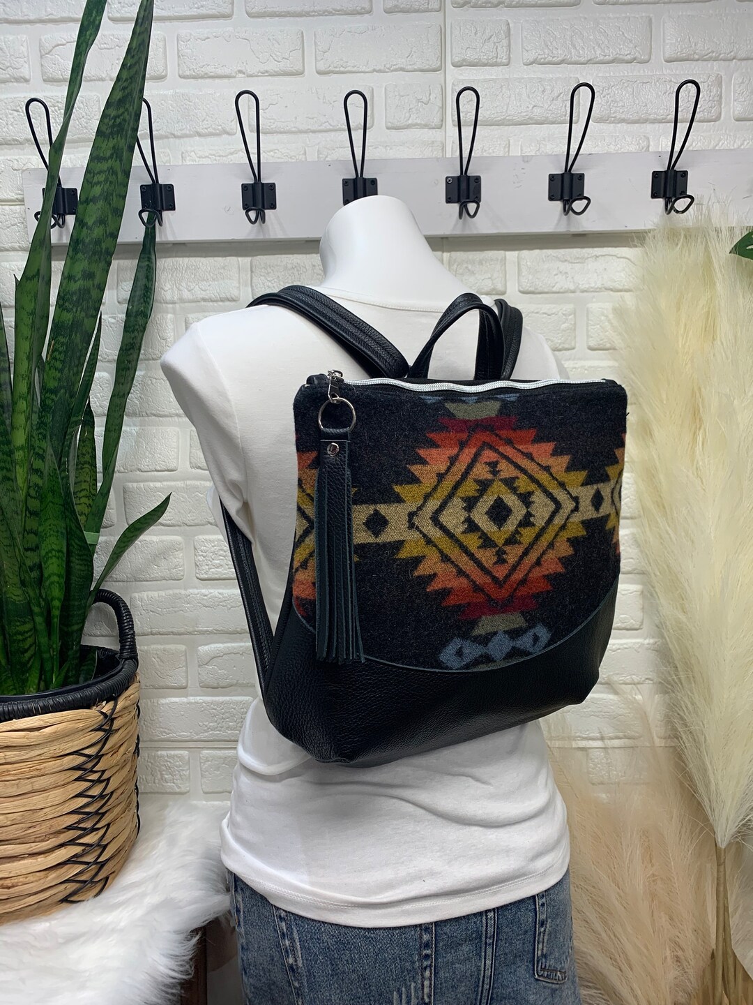 Wool and Leather Backpack, Pueblo Dwelling Wool Black Genuine Leather ...