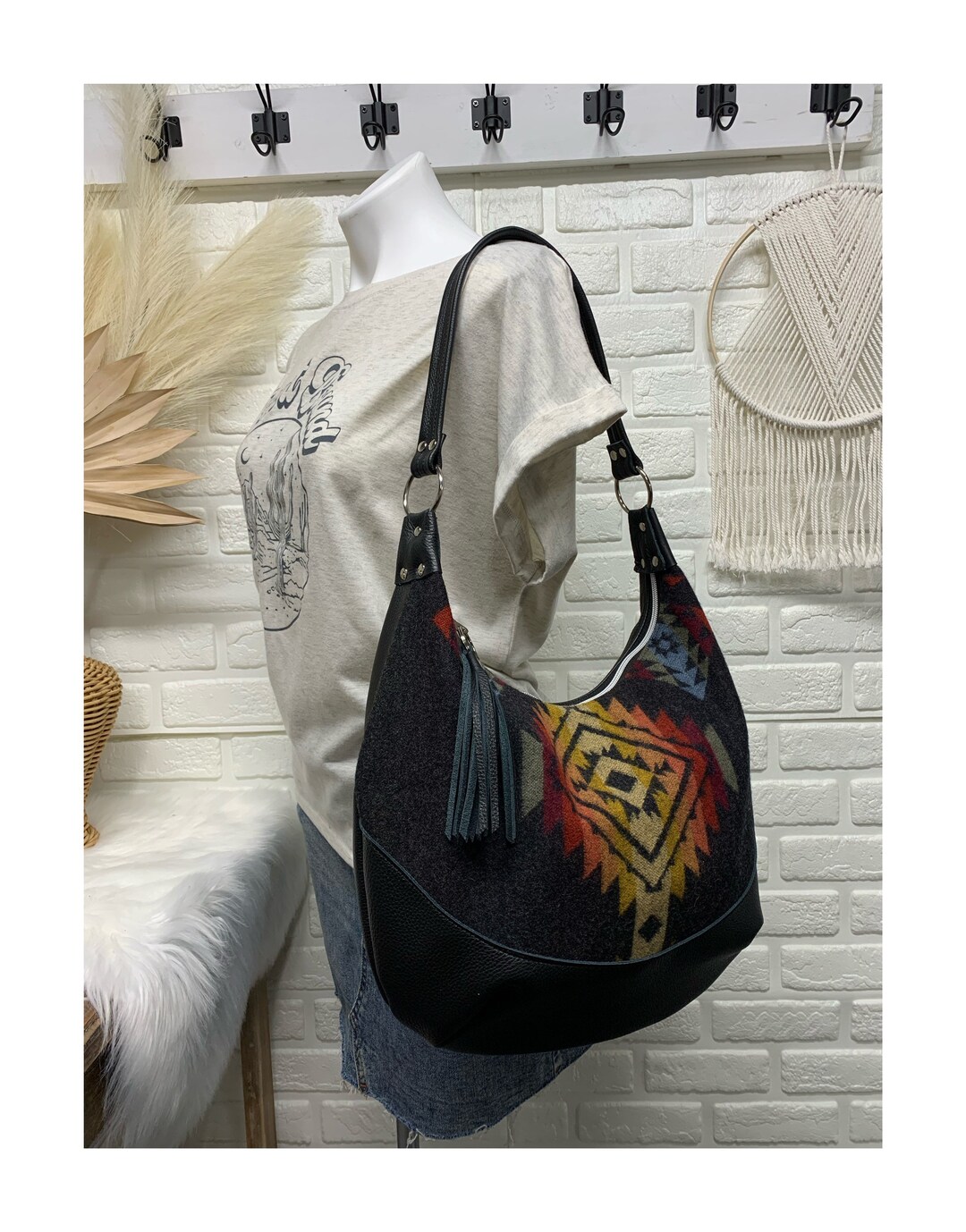 Wool Leather Hobo Bag, Pueblo Dwelling Wool, Black Genuine Leather ...