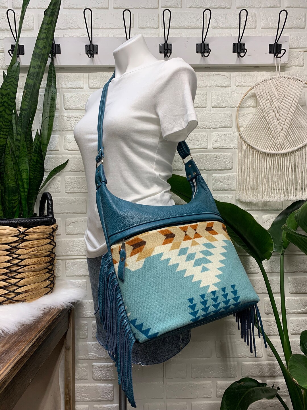 Wool Leather Bucket Hobo Bag With Fringe, Teal Leather Crossbody Bucket ...