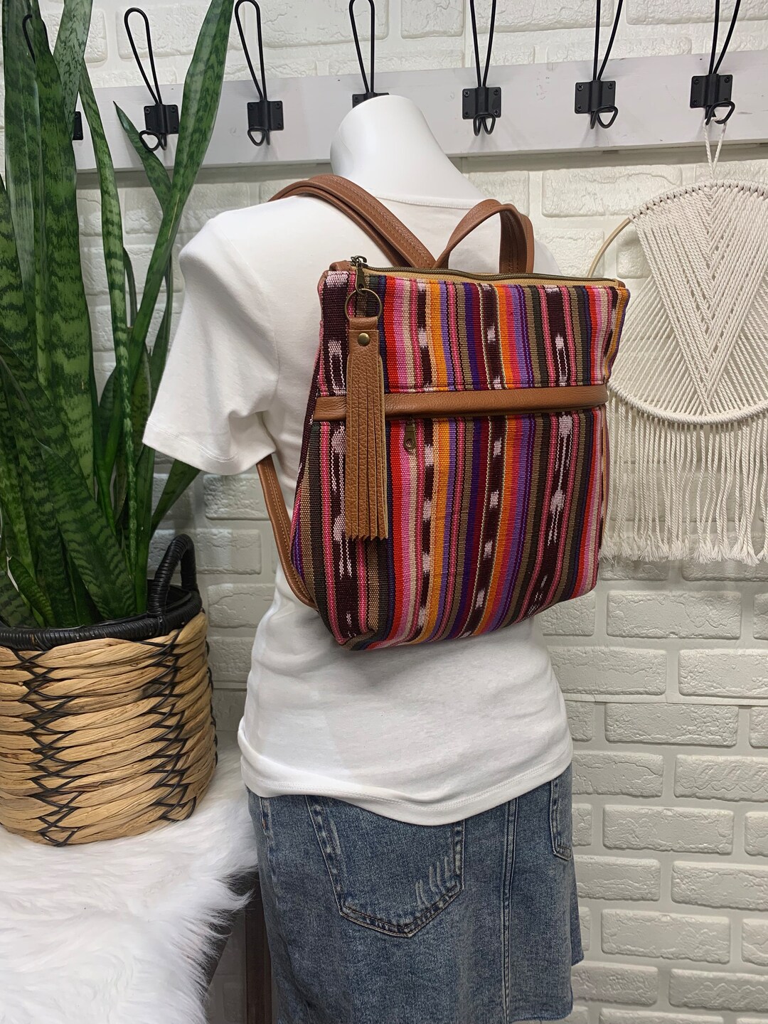 Mini Backpack Guatemalan Woven Fabric, Cognac Brown Genuine Leather, Brown Mini Backpack, Pearl ...