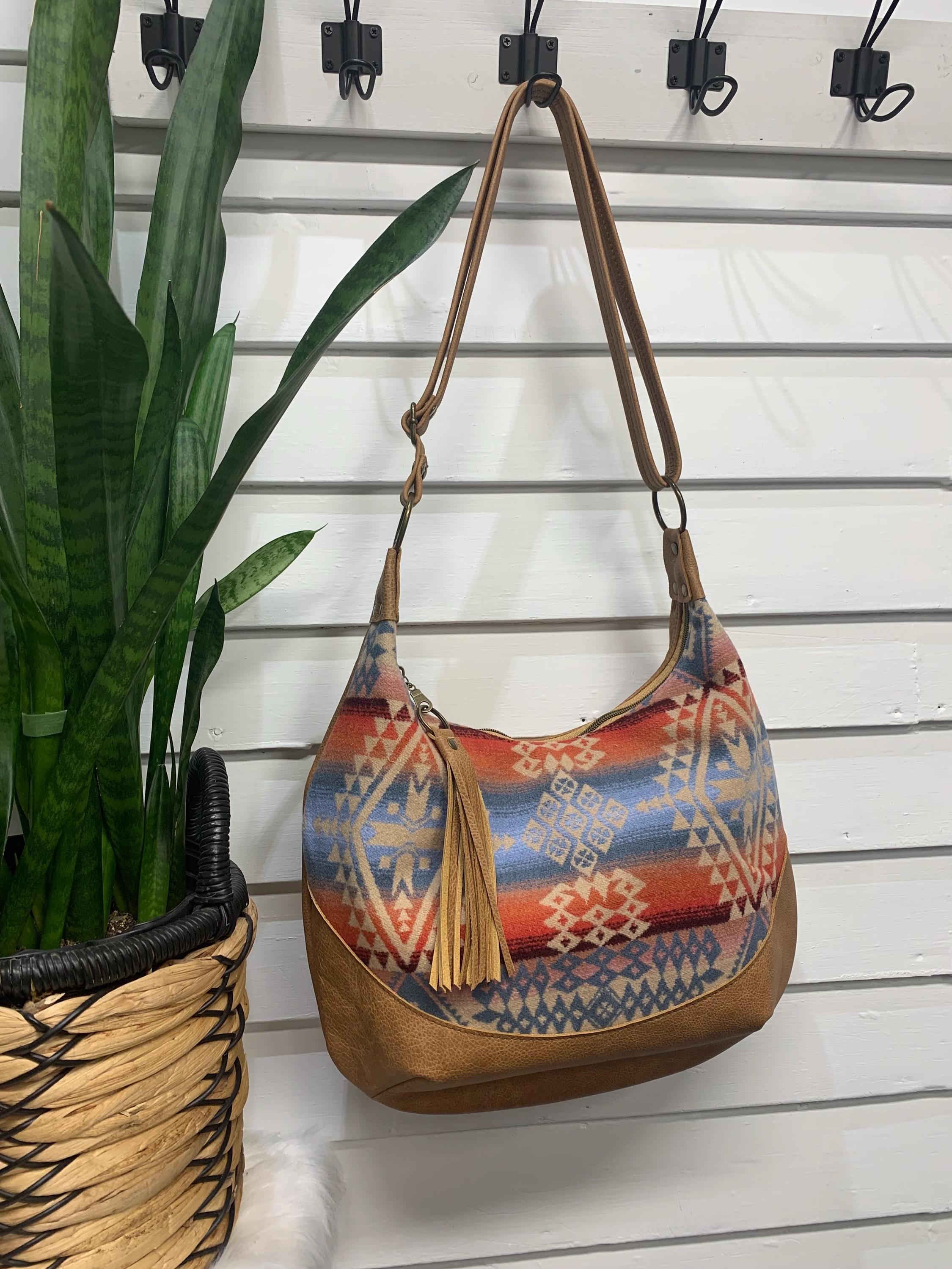 Wool and Leather Hobo Bag, Desert Sky Wool Fabric, Caramel Brown ...