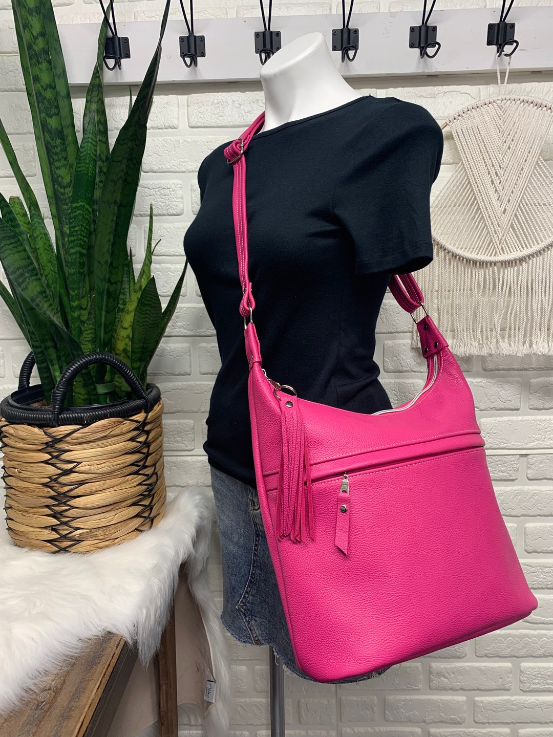 Pink Leather Bucket Hobo Bag, Crossbody Bucket Bag, Hot Pink Genuine ...