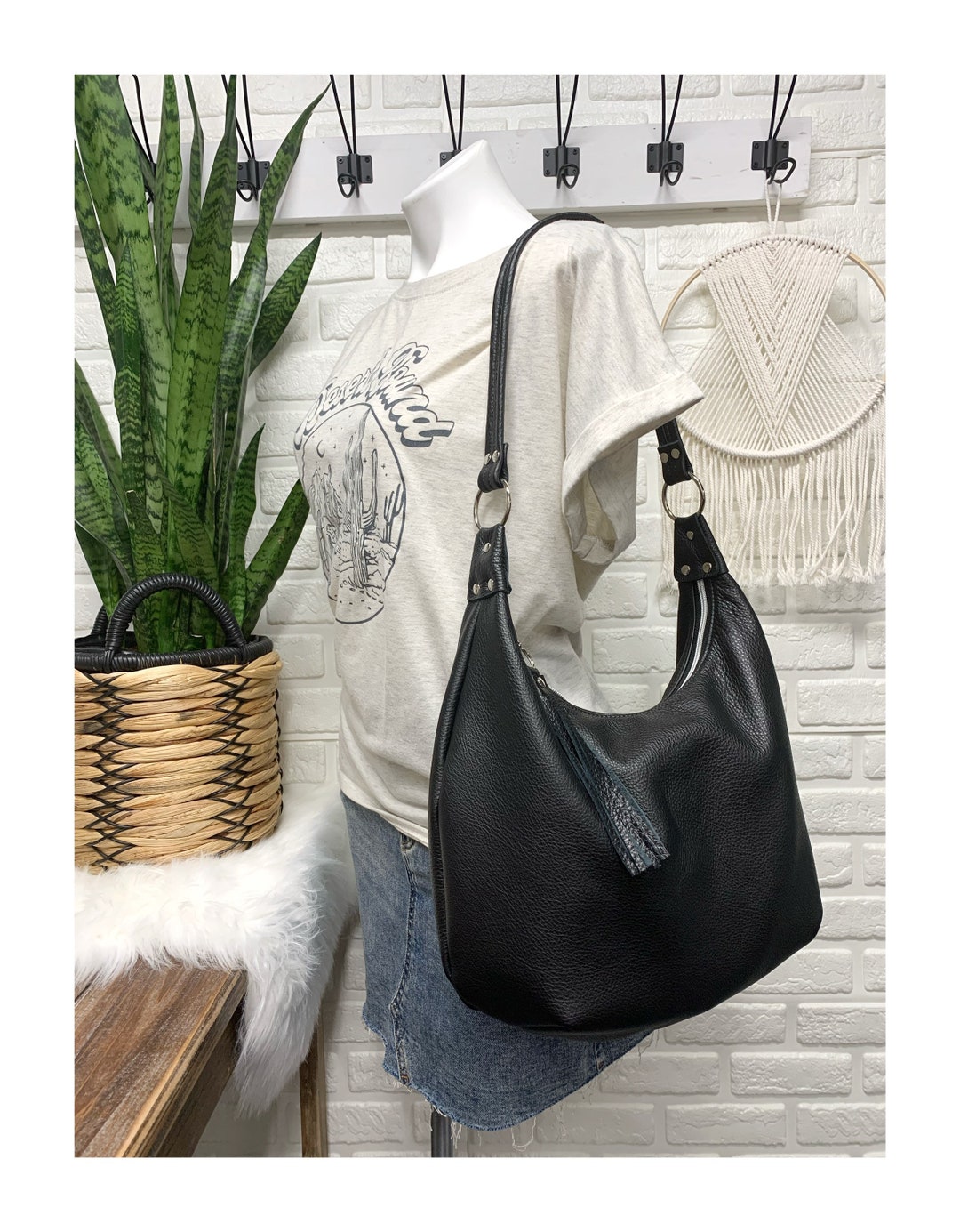 Black Leather Hobo Bag, Large Hobo Bag, Zipper Closure, Handmade ...