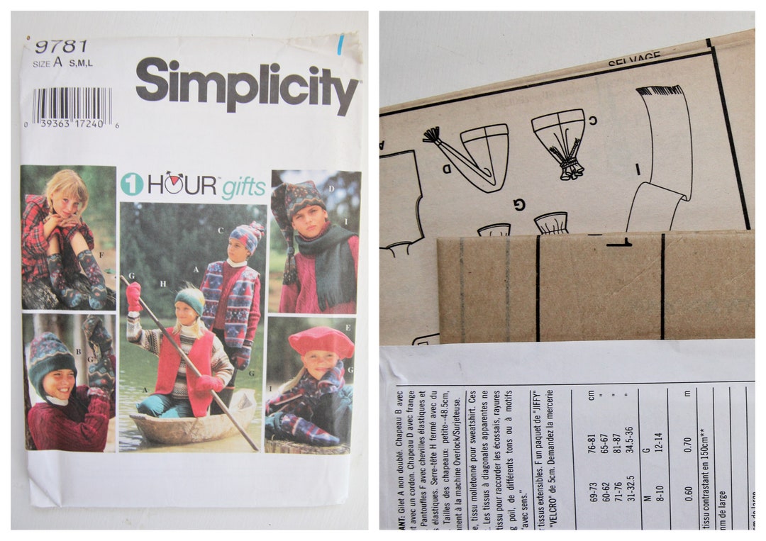 Vintage Simplicity 9781 Pattern Girl Boy VEST HAT Slippers Mittens ...