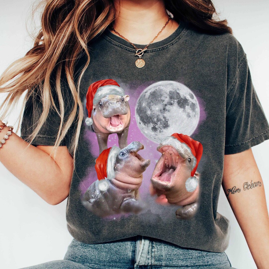 Moo Deng With the Moon Shirt, Baby Hippo Moo Deng Christmas Sweatshirt ...