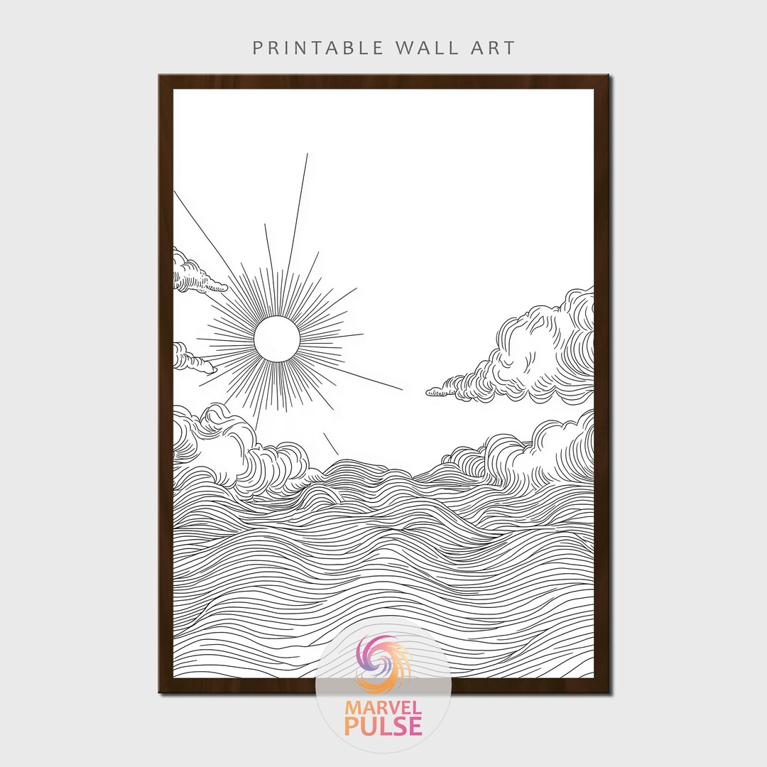 Line Drawing Art of the Sun and Clouds, Minimalist Wall Art, Black Ink ...