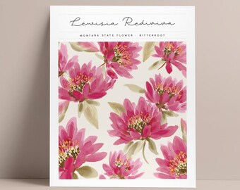 MONTANA Bitterroot State Flower Art Print Fine Art Floral Map Poster ...