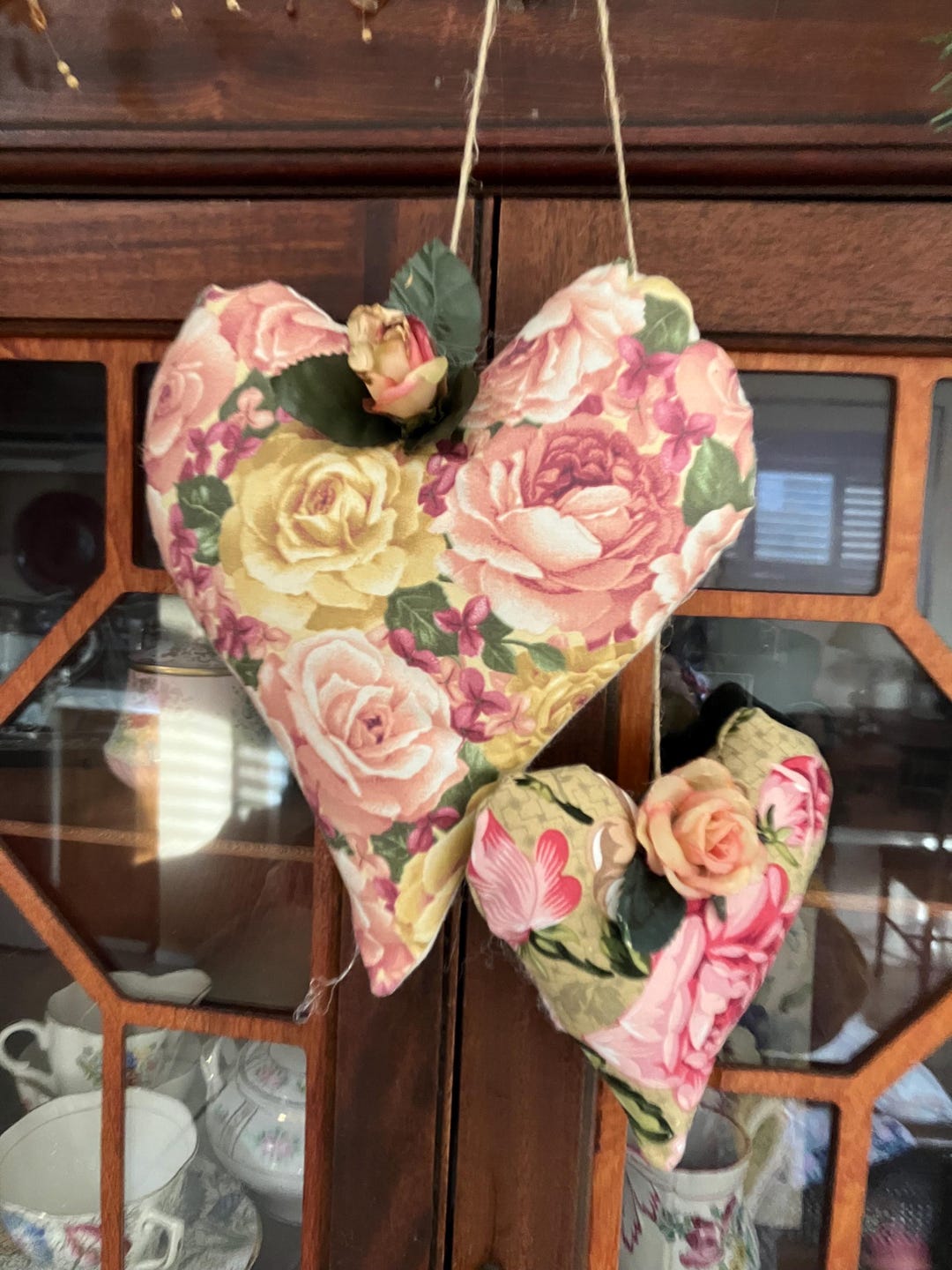 Two Larger Hanging Hearts, Romantic Floral Cabinet Doorknob Hangers - Etsy