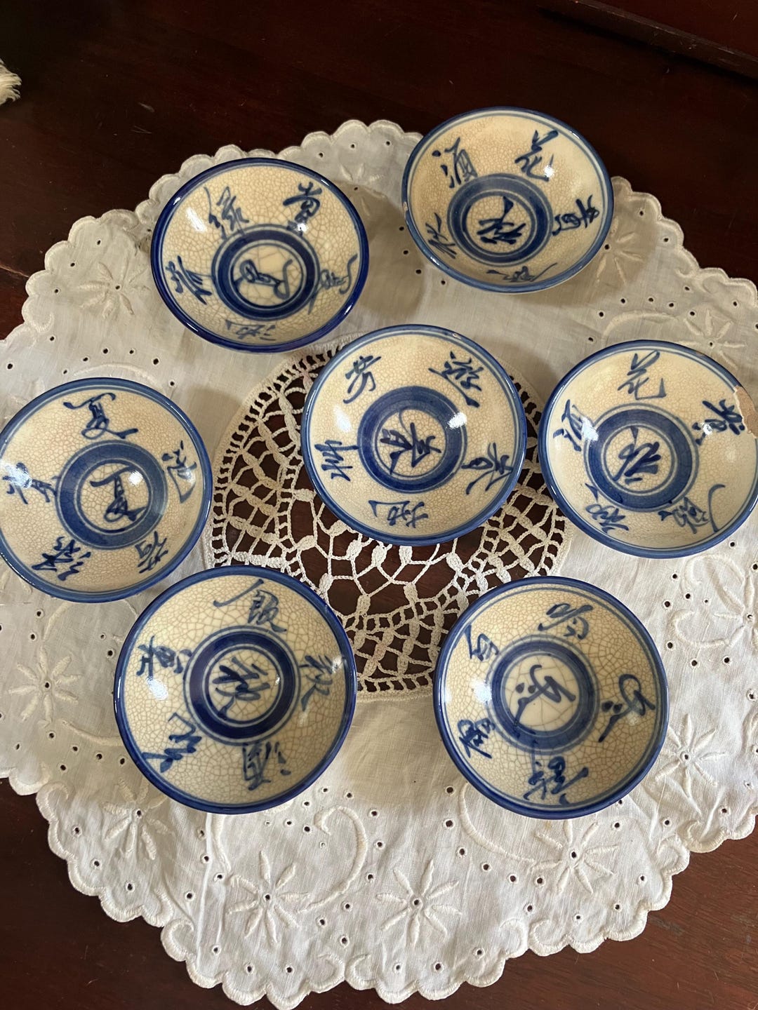 Set 7 Raku Japanese Crackle Glaze Pottery /poem on Sides Good Luck ...