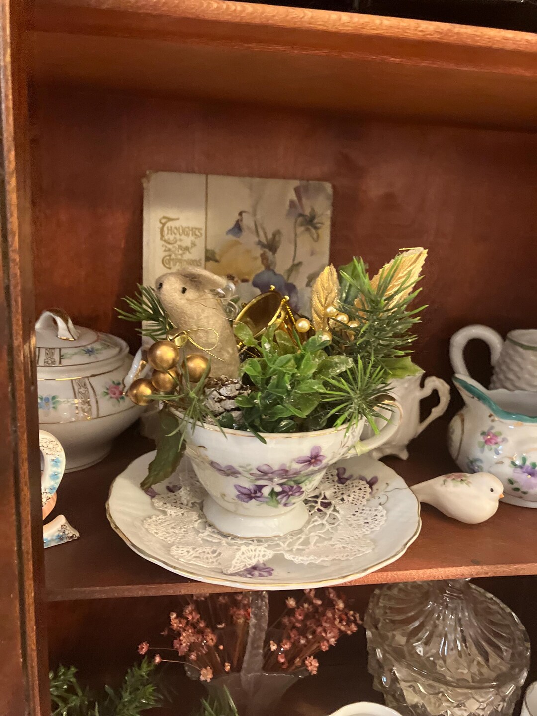 Handmade Mouse in Christmas Teacup With Greenery, Berries, Drum, Etc ...